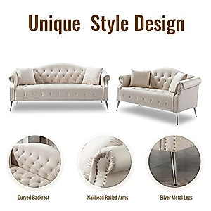 Homtique Sofa Set for Living Room 2 Piece, Modern Velvet Loveseat Sofa Set Upholstered Button Tufted Nailhead Trimming Rolled Arm and Metal Legs, Velvet Sofa Couch with 4 Pillows(Beige)