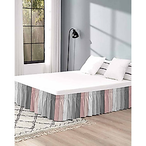 Rustic Farm Wood Grain Bed Skirt King Size 16 Inch Drop, Adjustable & Elastic Wrap Around Bed Skirts Pleated Luxury Dust Ruffles for Twin Full Queen Cal King Base Bed, Pink Grey White Ombre Color