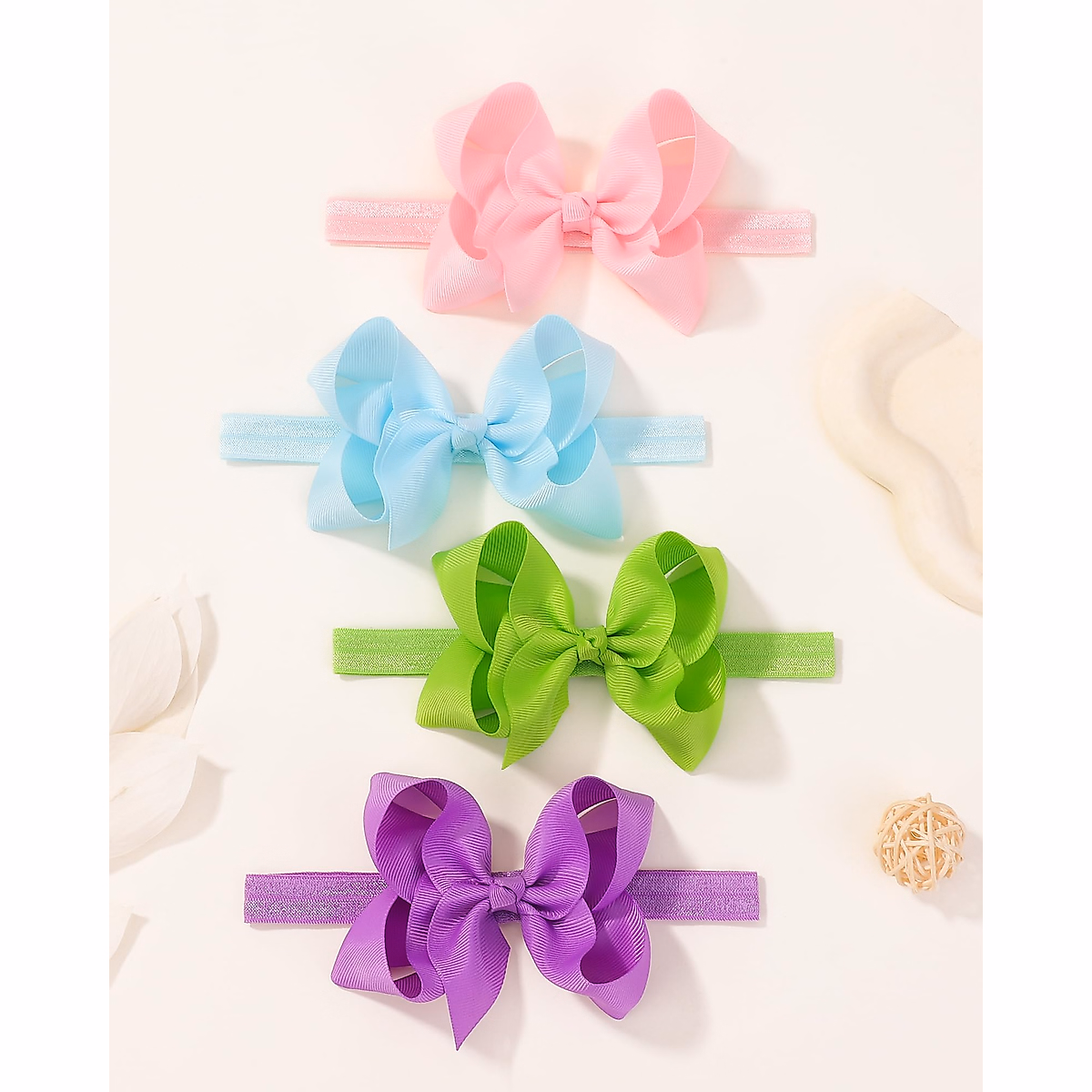 jollybows 40pcs Baby Girls Grosgrain Ribbon Hair Bows Headbands 4" Elastic Hair Band Hair Accessories for Infants Newborn- Natural Color Set