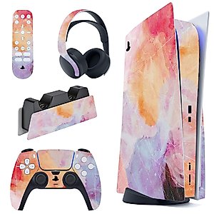 PlayVital Orange Pink Marble Effect Full Set Skin Decal for ps5 Console Disc Edition, Sticker Vinyl Cover for ps5 Controller & Charging Station & Headset & Media Remote