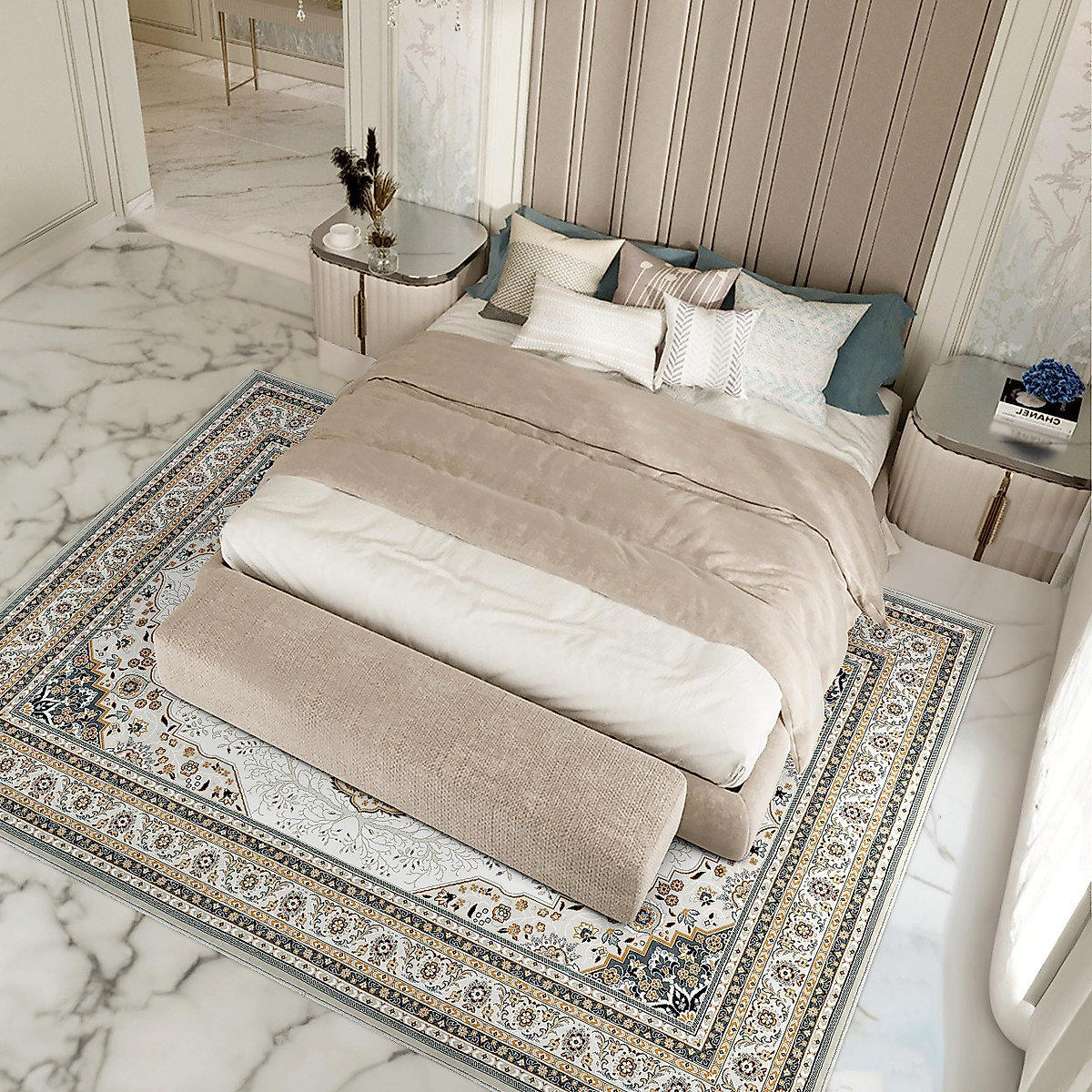 Aelenmu Washable Rugs for Living Room: 9x12 Area Low Pile Soft Rug with Non-Slip Backing Non-Shedding, Medallion Floor Carpet Bedroom Dining Room Nursery Home Office-Beige