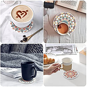 Coasters for Drinks with Holder Beautiful Flower Ceramic Coasters 4 Inch Round Absorbent Drink Coasters with Cork Base Set of 6 for Kinds of Cups, Wooden Table, Table Protection, Housewarming Gifts