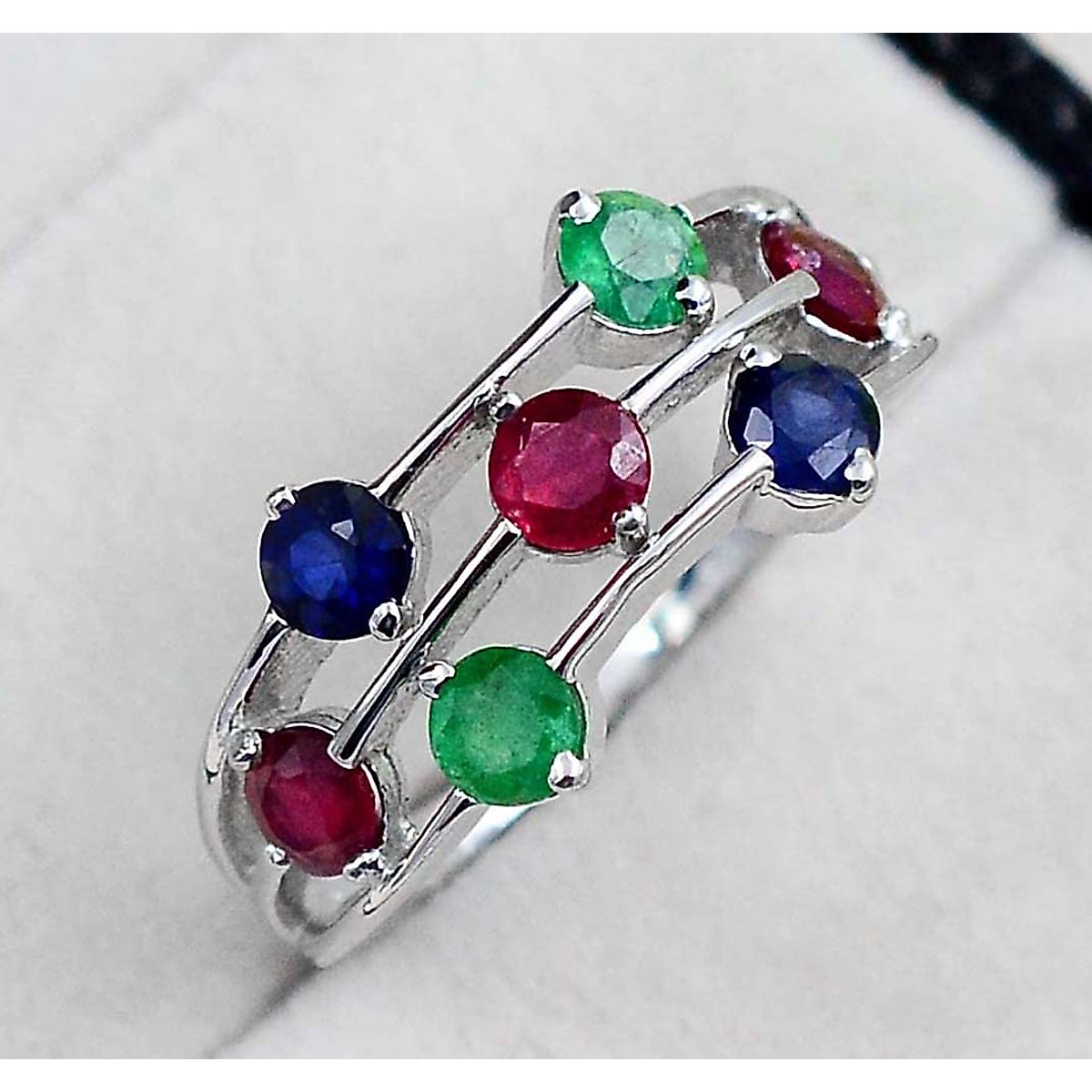 Natural Ruby Emerald Sapphire Mix Gemstone 4 MM Round Cut 925 Sterling Silver Cluster Unisex Proposal Ring For Christmas Gift (Rhodium Plated Silver, 11)
