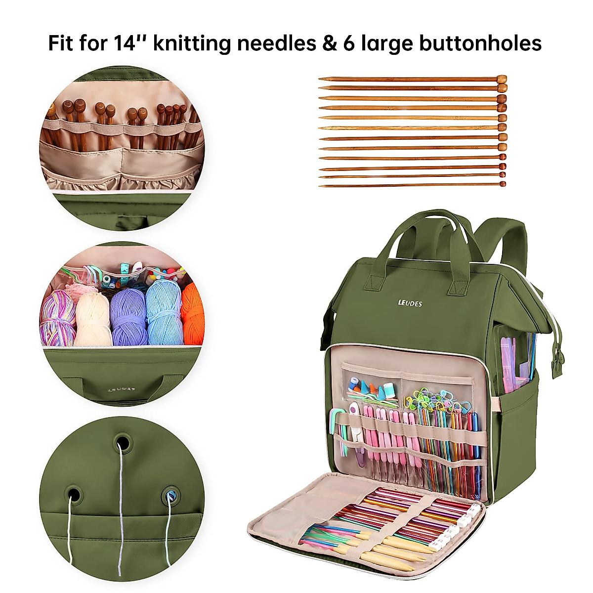 Leudes Knitting Bag Backpack, Yarn Storage Organizer Large Crochet Bag Tote Christmas Gift Yarn Holder Case for Carrying Projects, Knitting Needles (Army Green)