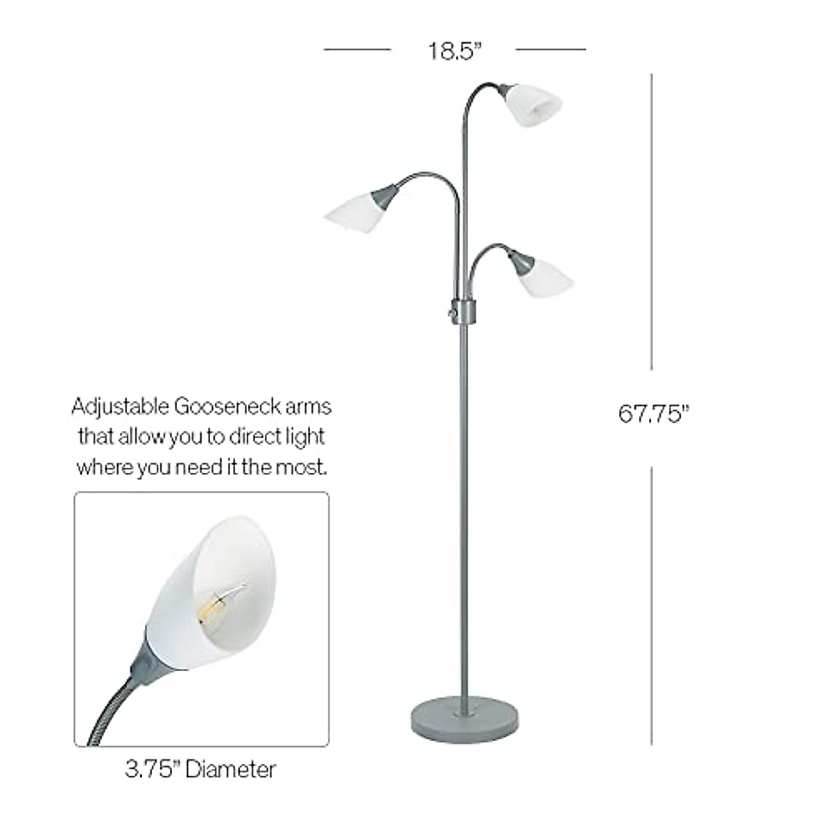 Catalina Lighting 70.25" Medusa 3-Light Floor Lamp with White Shades, Classic Silver