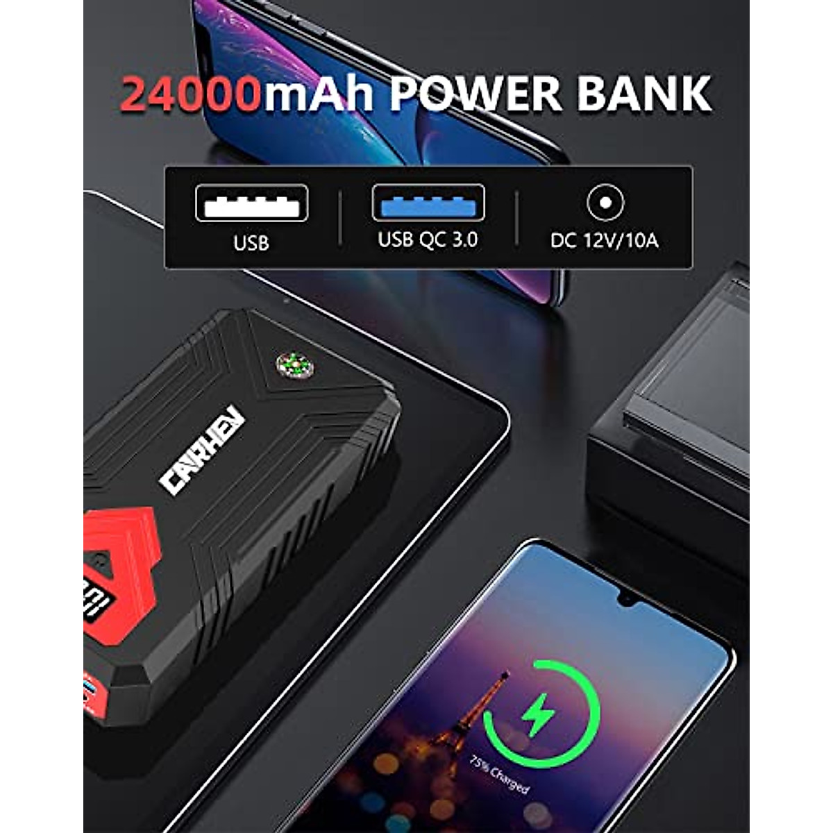 CARHEV 3000A Jump Starter, 24000mAh Car Battery Jump Starter (up to 8.0L Gas and 8.0L Diesel Engine) Battery Jumper Starter Portable, 12V Car Jumper Starter Portable with LED Light and USB QC 3.0