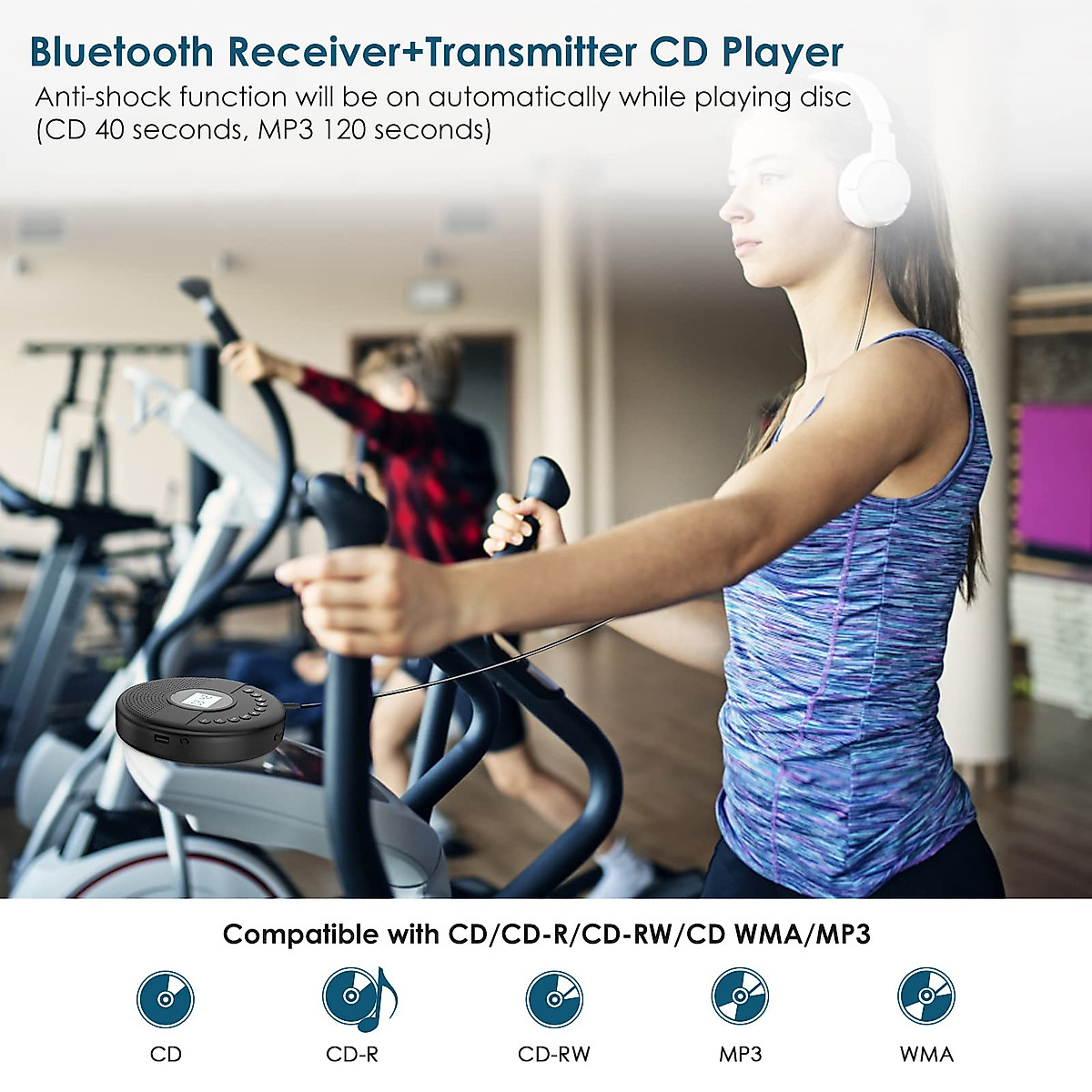 Fohil CD Player Portable, Bluetooth CD Player with Dual Speaker, Discman Rechargeable 1500 mAh Walkman CD Player with Headphone AUX Cable for Car, Anti-Skip Protection Personal CD Player LCD Display