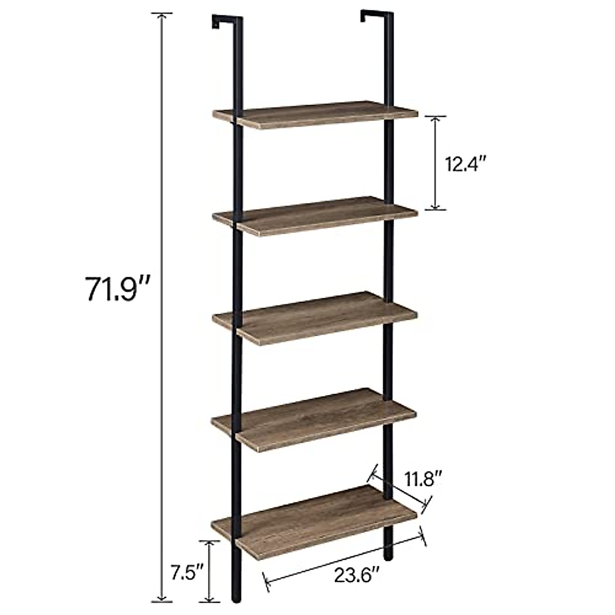 SUPERJARE Industrial Ladder Shelf, 5-Tier Wood Wall-Mounted Bookcase with Stable Metal Frame, 72 Inches Storage Rack Shelves Display Plant Flower, Stand Bookshelf for Home Office - Vintage Brown