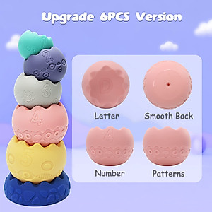 Maikerry 6 PCS Baby Blocks Stacking Balls Soft Toys,Montessori Sensory Toys Squeeze Play with Letter, Number and Graphic,Early Educational Learning Stacking Circle Tower, Best Gift for Toddlers