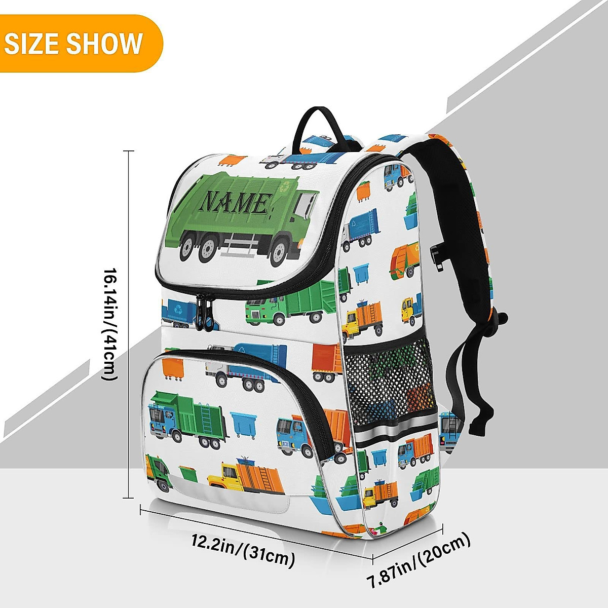 XUWU Custom Personalized Garbage Trucks Backpack with Reflective Strip for Kids Boys Girls Elementary School Bag Removable Chest Strap