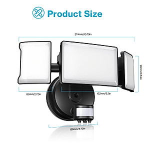 Olafus 65W Flood Light Outdoor Motion Sensor Light, LED Security Light IP65 Waterproof, 6000LM Motion Activated Light 3 Head Floodlight, 6500K Exterior Sensor Light for Garage Yard Porch Patio, Black