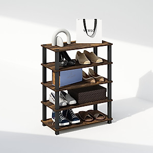 Furinno Turn-S-Tube 3-Tier Multipurpose Standing Shelves, Shoe Rack, Amber Pine/Black, Set of 2