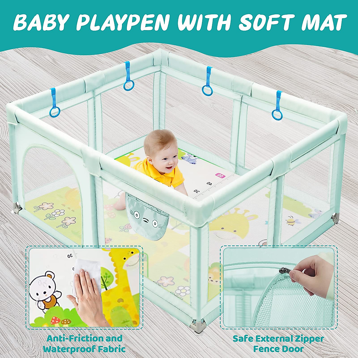 Baby Playpen, Playpen for Babies and Toddlers, Indoor & Outdoor Playard Kids Activity Center with Mat, Anti-Slip Base, Sturdy Safety Baby Playpen with Gate 50''x 50''x 27'' (Nordic Blue)