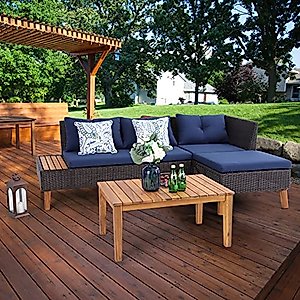 PHI VILLA 3-Piece Outdoor Rattan Sectional Sofa Set with Acacia Wood Coffee Table Patio Wicker Furniture Set with Cushions Conversation Set, Navy Blue