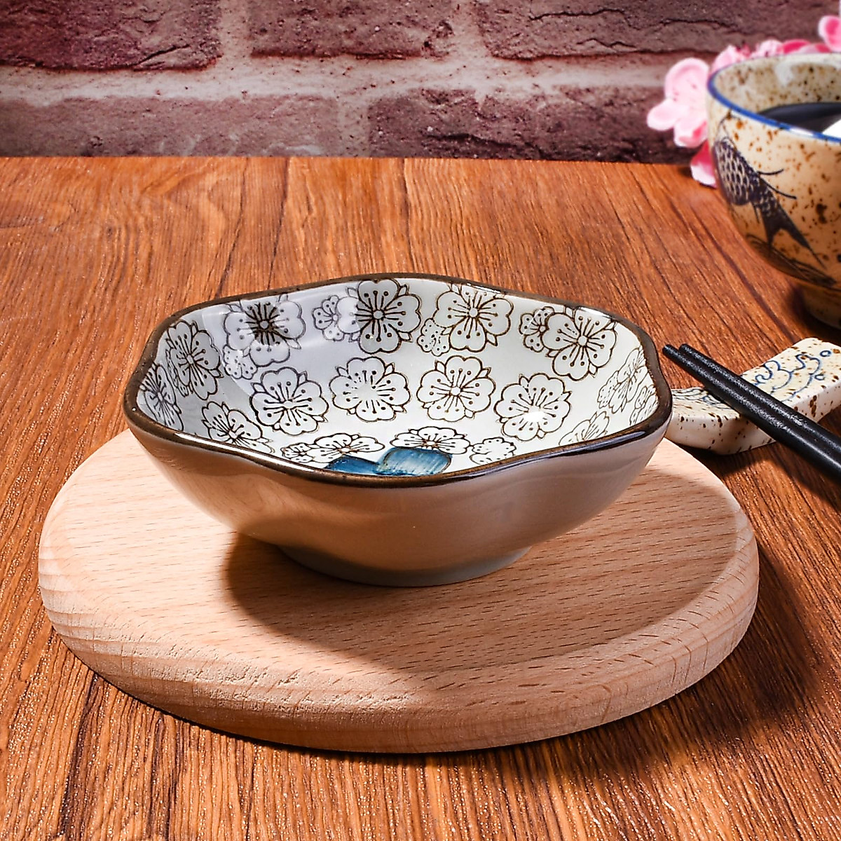 Japanese Style Soy Sauce Dishes set of 8, Ceramic 4-inch Plum Flower Dishe Serving for Dumpling, Side Dish, Sushi (8)