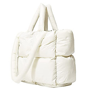 OWGSEE Puffer Tote Bag, Soft Puffy Bags for Women Light Winter Down Cotton Padded Quilted Tote Bag Shoulder Handbag Purse (White)