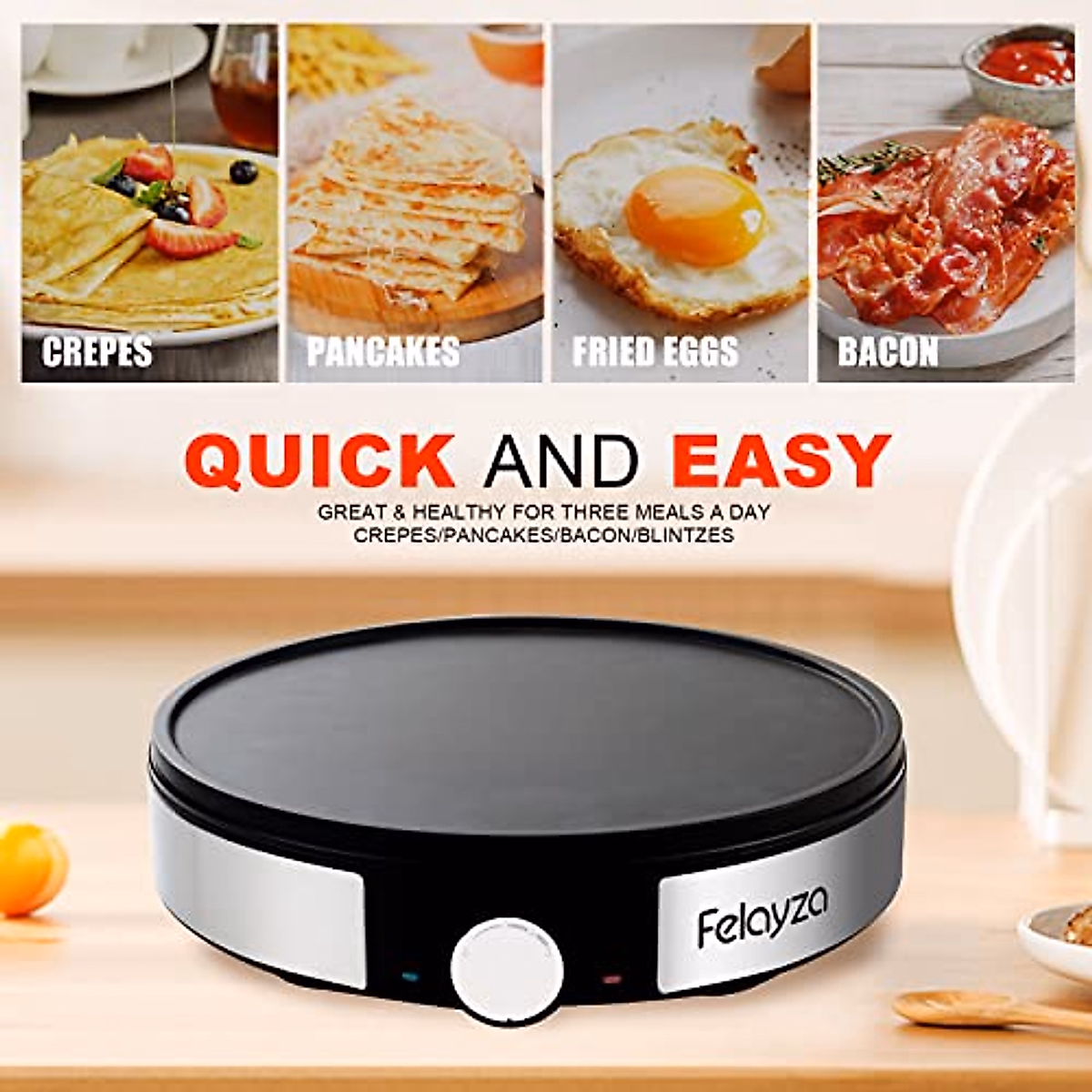 FELAYZA 12” Electric Crepe Maker & Griddle, NonStick Crepe Pan with Batter Spreader,1200W Omelette Makers with Thermostat Control for Pancake, Egg, Brunch