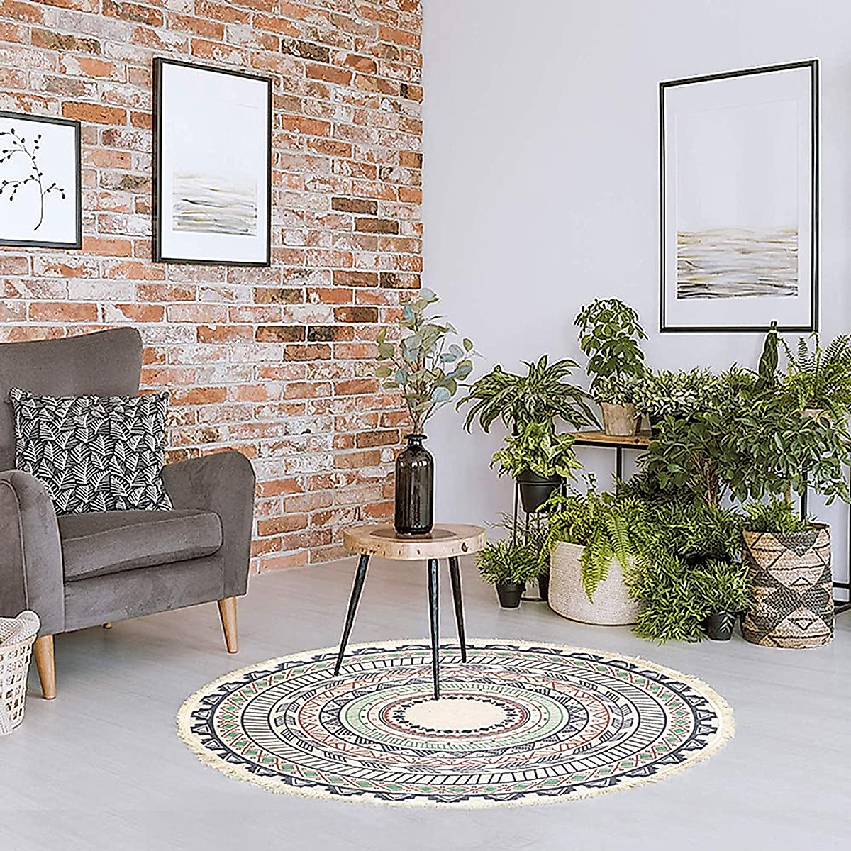 Poowe Round Cotton Rug Woven Tassel Throw Rug Washable Area Rug for Living Room Bedroom Kitchen Bathroom (Shapes)