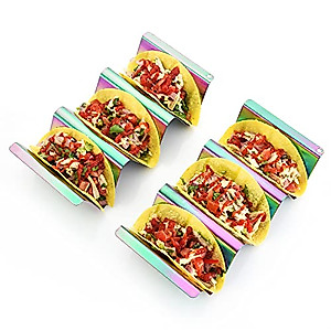 Taco Holder Set of 4 -Taco Tuesday Taco Stand Tray by Titanium Plated Stainless Steel-Perfect for Burritos Nachos Fajitas-Beautiful Colors