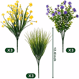 Colovis 9pcs Artificial Flowers Outdoor UV Resistant Fake Plants Greenery Shrubs Faux Plastic Flower in Bulk for Indoor Outside Hanging Planter Porch Cemetery Pots Decoration (Yellow, Purple, Green)