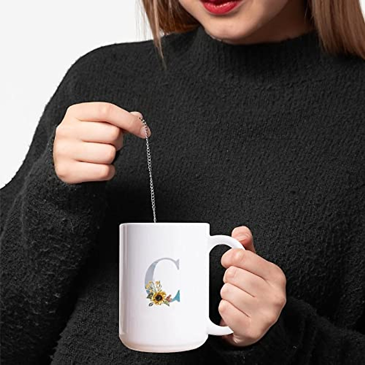 Yelolyio Watercolor Floral Monogram Coffee Mug, Alphabet Initial Letter C Coffee Cup, Monogram Mug Cup, 15oz