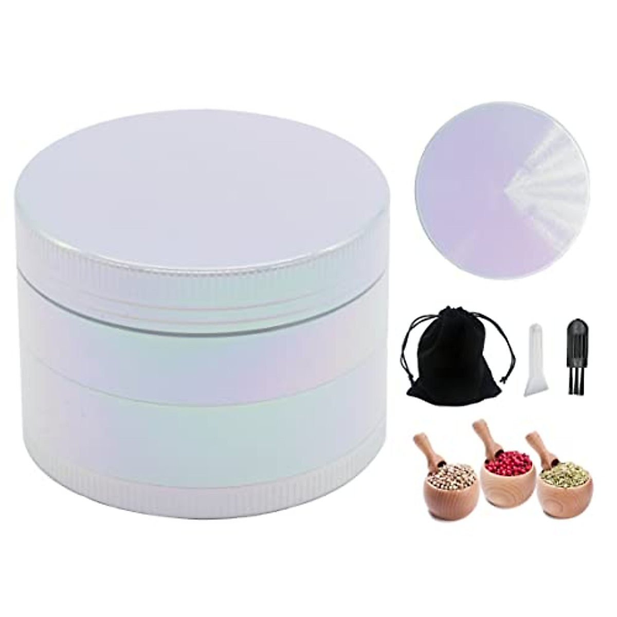 Grinder Small Zinc Alloy 2 inch, Multipurpose Crusher with Cleaning Tool and Bag (White Rainbow)