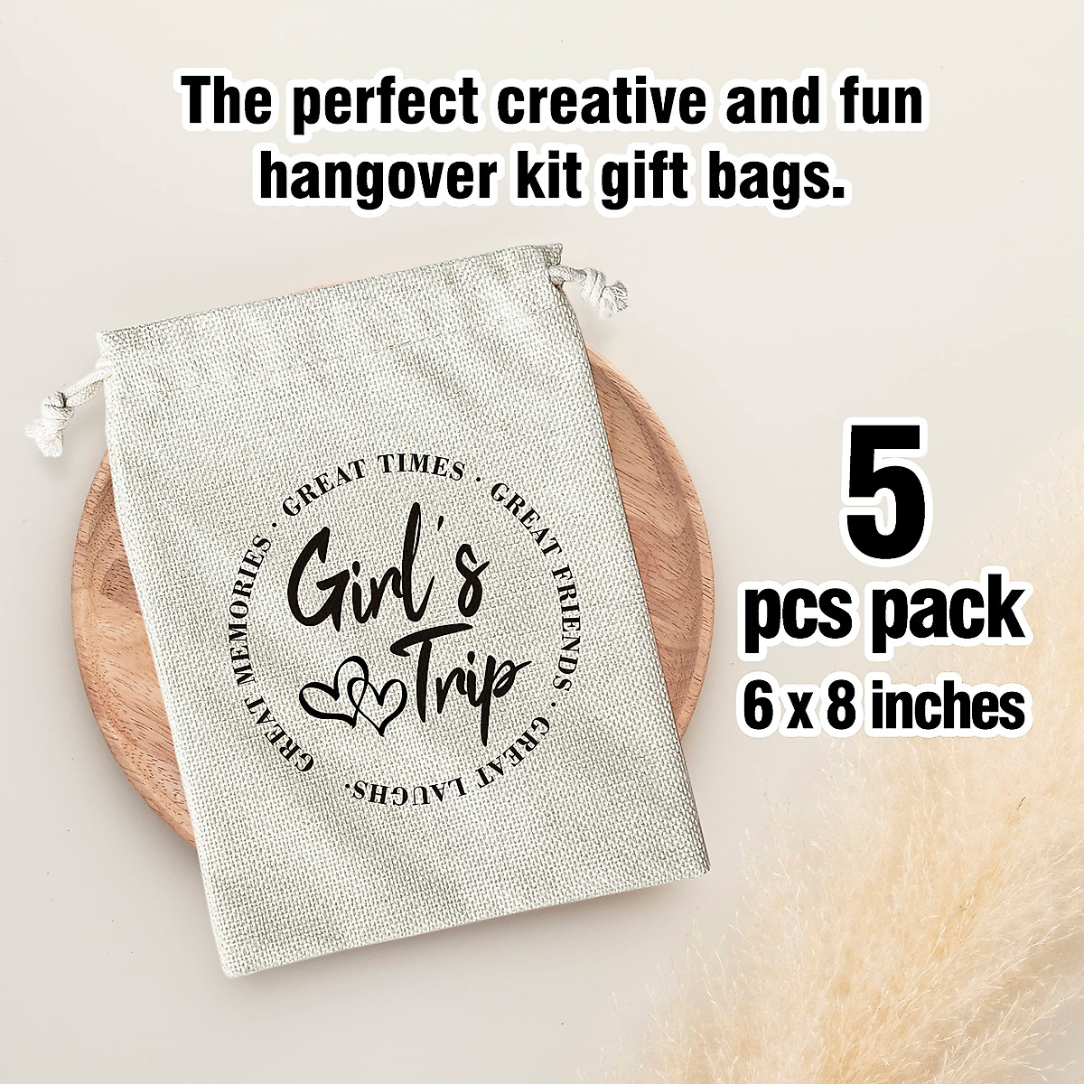 Hangover Kit Bags, Girl's Trip With Drawstring Gift Bag, for Bridal Shower, Wedding, Travel, Bachelorette Party Survival Recovery Kit Bag, Decorations, Supplies (6"X 8") 5 Pcs -kit034