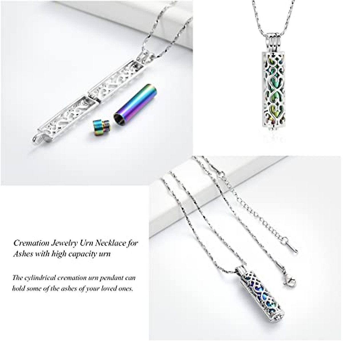 Cremation Urn Pendant Necklace with Hollow Cylinder Vial Keepsake Urn Cremation Jewelry Memorial Lockets for Ashes for Women Men (Silver Colorful)