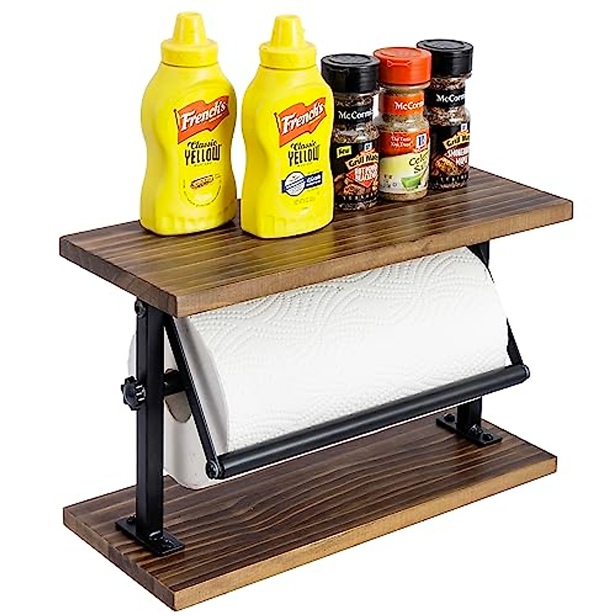 MyGift Kitchen Countertop Paper Towel Holder and Condiment Display Shelf Rack, Rustic Burnt Wood and Metal Towel Dispenser with Top Shelf for Bathroom or Kitchen