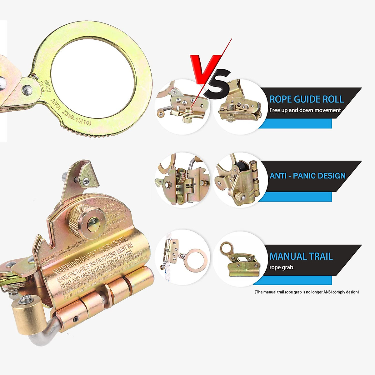 FHFallArrest Fall Protection Rope Grab with Anti-Panic Feature, Auto-Trail Double Locking Rope Grabs Fall Arrester, Used with 5/8” Lifeline Rope, for Construction, Climbing, Comply to ANSI/OSHA