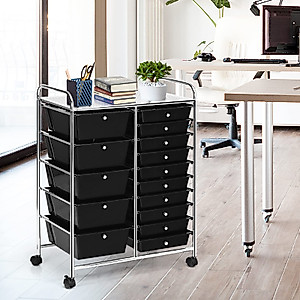 SILKYDRY 15 Drawers Rolling Storage Cart, Craft Cart Organizer with Lockable Wheels for Tools, Arts, Scrapbook, Papers, Multipurpose Utility Cart for Home Office School (Black)