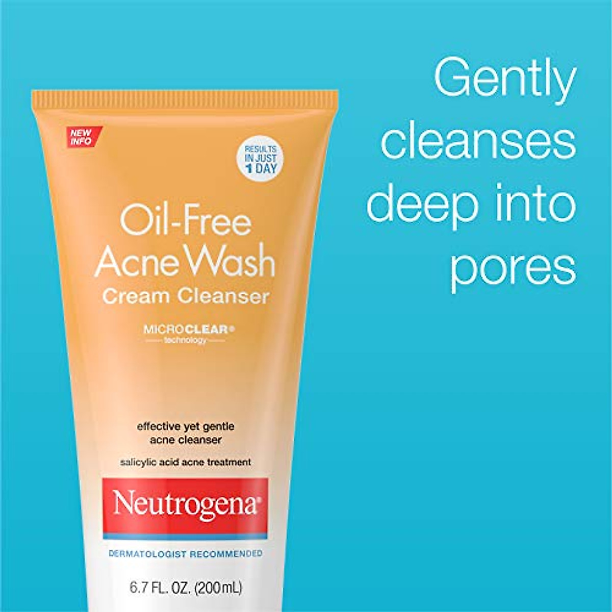 Neutrogena Oil-Free Acne Face Wash Cream Cleanser with 2% Salicylic Acid Acne Treatment, Non-Comedogenic & Gentle Daily Facial Cleanser for Acne-Prone Skin, 6.7 fl. oz