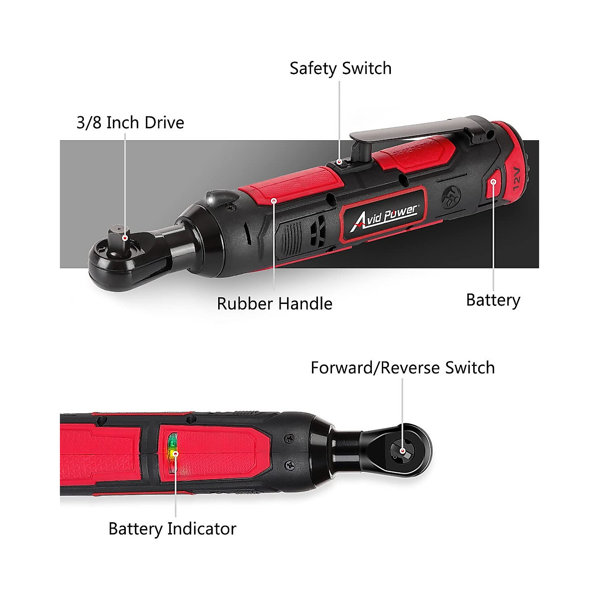 AVID POWER Cordless Electric Ratchet Wrench, 3/8" 50N.m (37 Ft-lbs) 12V Power Ratchet Wrench Kit w/Two 2.0Ah Batteries, 1-Hour Fast Charger, Variable Speed and 10 Sockets
