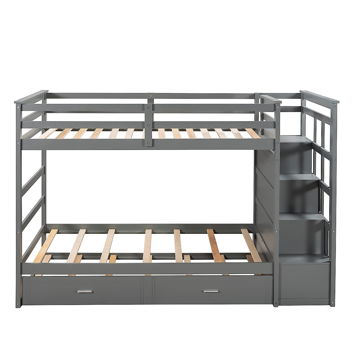 Twin Over Twin Bunk Bed with Twin Size Trundle, Solid Wood Bunk Beds with 4 Storage Drawers, Staircase and Safety Guard Rail, No Box Spring Needed (Gray)