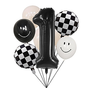 100% LIKED-One Happy Dude Balloon Set, 40” Black One|Black & White Smiley Face Latex |Checkered Foil for One Happy Dude Birthday Decorations, Baby Shower,1st Birthday Party Supplies