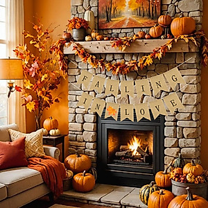 Falling in Love Banner, Thanksgiving Burlap Bunting Garland with Maple Leave Autumn Harvest Decorations for Wedding Bridal Baby Shower Engagement Anniversary Graduation Valentines Party Hanging Decor