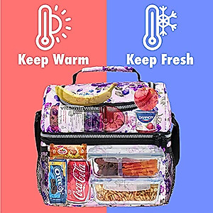 opux Lunch Box For Women, Insulated Large Lunch Bag Adult Work, Double Decker Lunchbox Meal Prep, Dual Compartment Leakproof Lunch Cooler, Soft Lunch Pail Tote for Girls Kids School, Floral Purple
