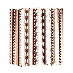 ALINK Biodegradable Rose Gold Paper Straws Bulk, Pack of 100 Metallic Foil Striped/Wave/Heart Straws for Birthday, Wedding, Bridal/Baby Shower, Christmas Decorations and Party Supplies