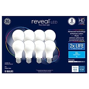 GE Reveal 8-Pack 60 W Equivalent Dimmable Color-Enhancing 2850K Warm White A19 LED Light Fixture Light Bulbs Fixture