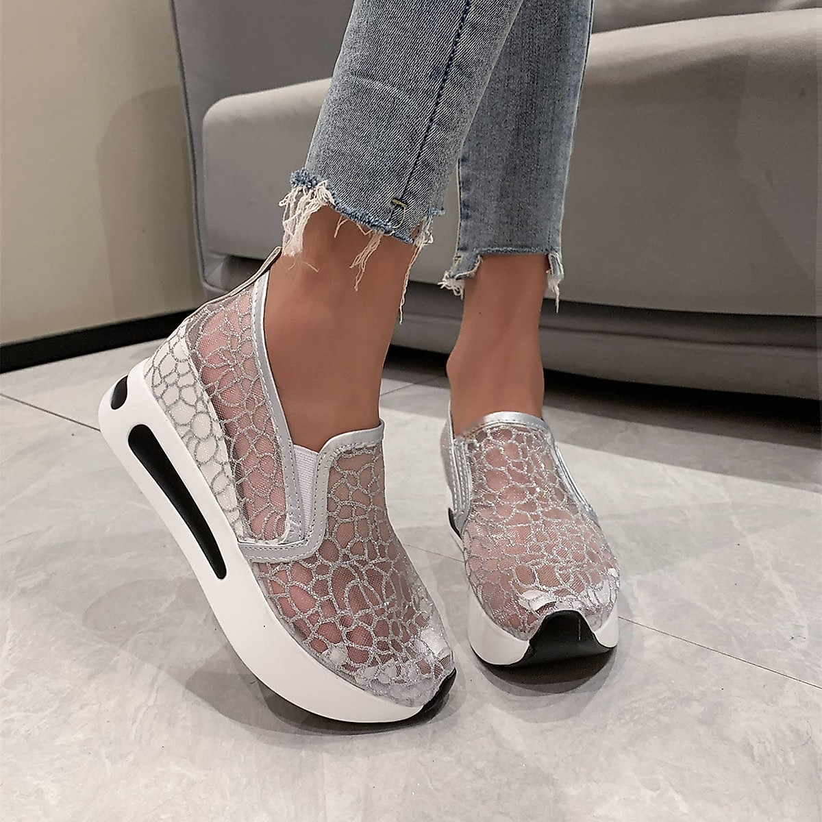 Hbeylia High Heeld Wedge Sneakers for Women Fashion Embroidery Floral Mesh Air Comfort Hidden Chunky Sole Slip On Loafers Breathable Walking Work Shoes with Arch Support for Casual and Daily Wear