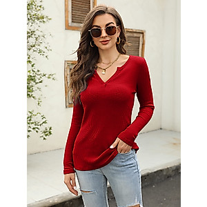 Women's V Neck Waffle Knit Henley Tops Casual Long Sleeve Pullover Sweater Blouses (Red, X-Large)