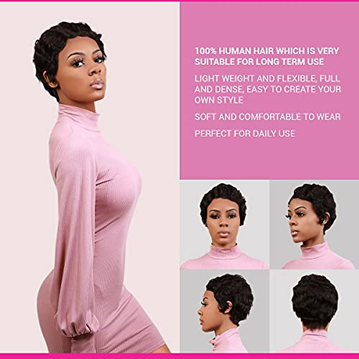 INSTANT FAB Finger Wave Human Hair Wigs for Black Women Short Curly Remi Human Hair Wig Pixie Cut Wigs Nuna Wigs Non Lace Front Wigs (OT1B/99J)