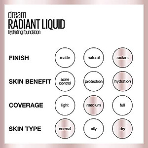 Maybelline Dream Radiant Liquid Medium Coverage Hydrating Makeup, Lightweight Liquid Foundation, Classic Ivory, 1 Count