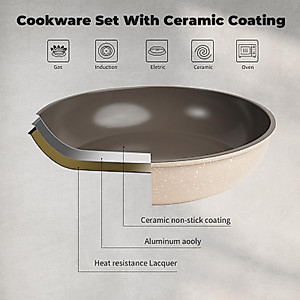 ZHANG XIAO QUAN SINCE 1628 Pots and Pans Set Non Stick, Taupe Pots and Pans Set, 6PCS Aluminium Oven Safe Cookware Set, PTFE/PFAS/PFOA Free Cookware, Non Stick Pots and Pan Set Detachable Handle