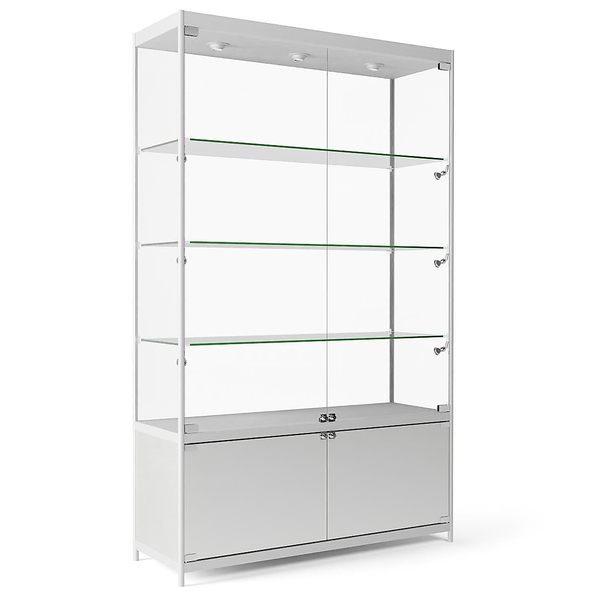 Displays2go 48" Retail Showcase, 7 LED Lights, Storage, Lockable Swinging Doors - Silver (LESC4816SB)