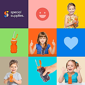Special Supplies Honey Bear Straw Cup Long Straws, 3-Pack Squeezable Therapy and Special Needs Assistive Drink Container, Spill Proof and Leak Resistant Lid