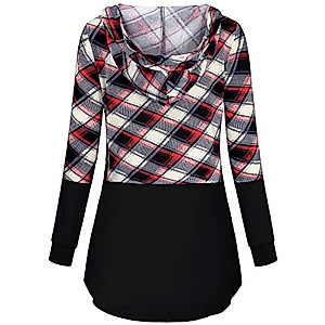 Miusey Knit Hoodie Women,Long Sleeve V Neck Plaid Patchwork Hoodie Polyester Form Fitting Thin Sweatshirt Decorative Wooden Buttons Pocket Fashion Sweaters for Women Black M
