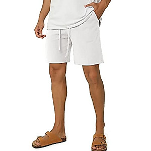 AUDATE Men's Shorts Linen Cotton Shorts Casual Summer Beach Shorts Waist Elastic Drawstring Shorts White XL