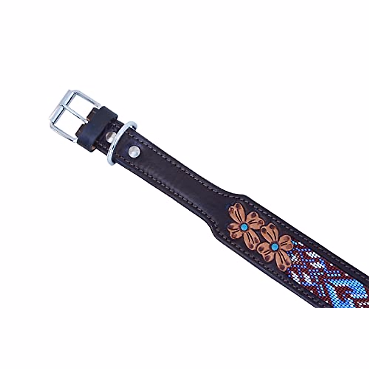 Leather Dog Collar Extra Small Size Western Style Heavy Duty Hand Tooled Adjustable Beaded and Padded Soft for Puppies and Big Dogs 10AB032-XS