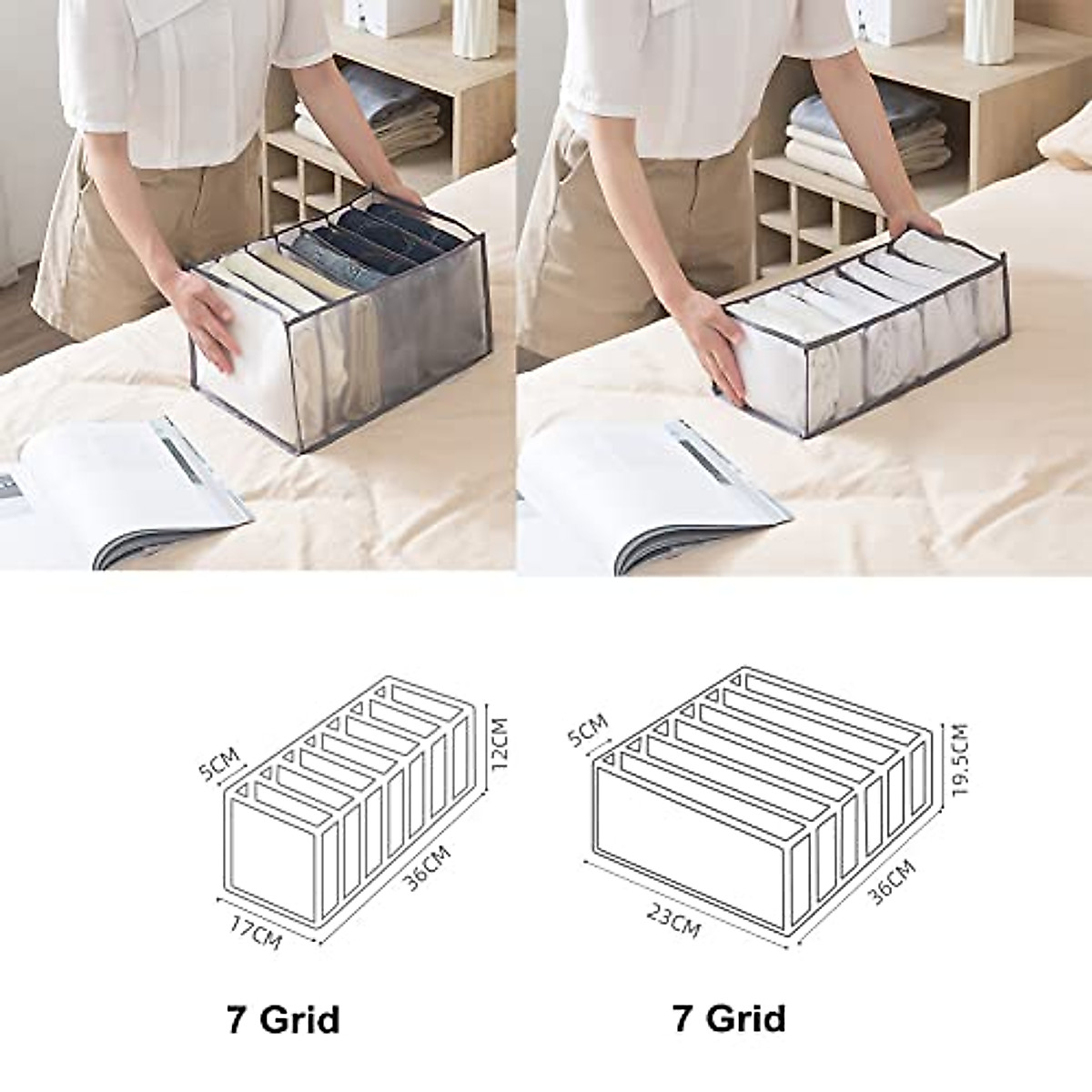 AfooBezos 4 Pcs 7 Grids Wardrobe Clothes Organizer, Mesh Jean Clothing Organizer, Foldable Leggings Organizer Bins, Visible Grid Storage Box for Bra, Underwear, Socks, Skirts, T-shirts